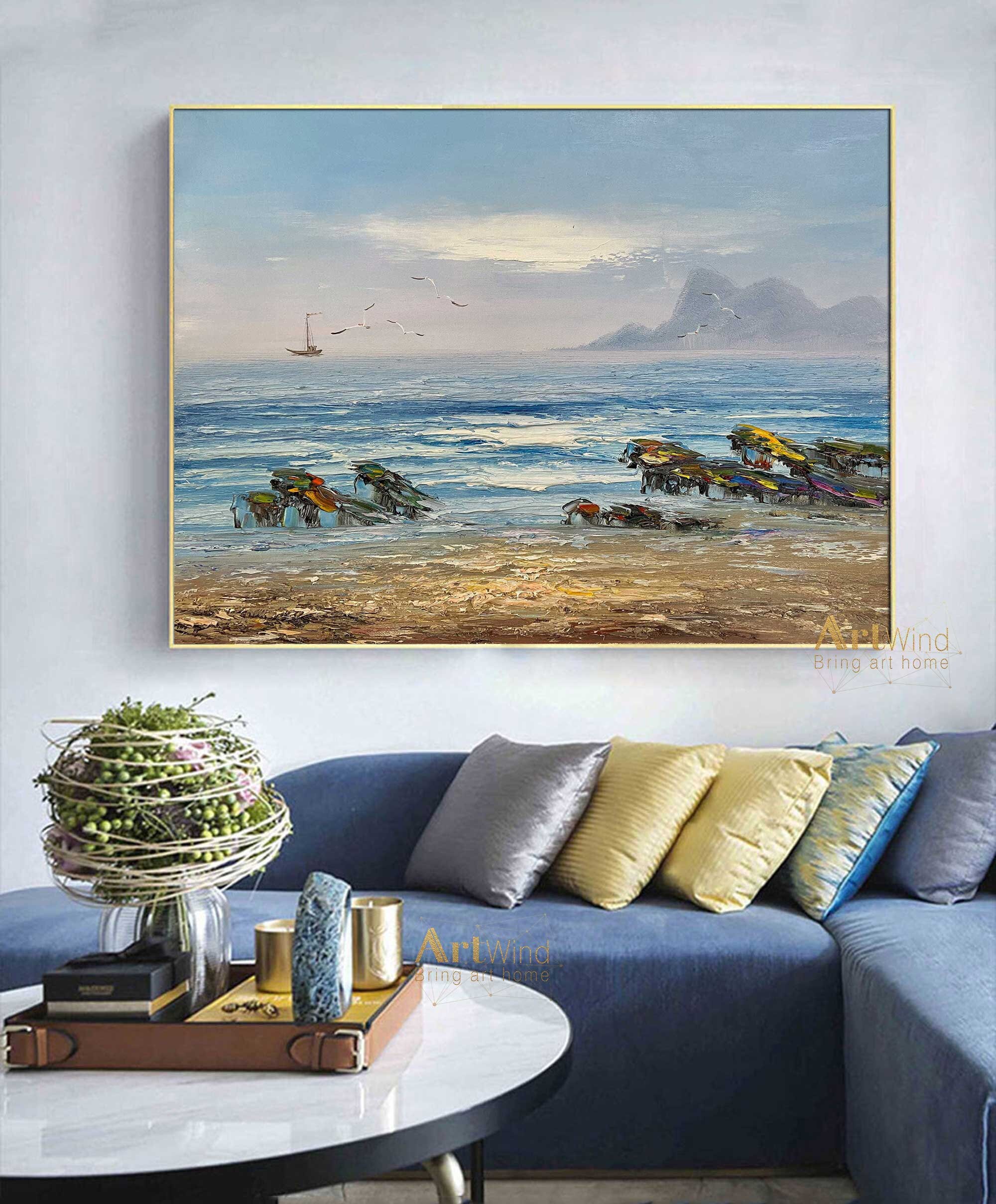 Blue Beach Painting Seaside Canvas Art Textured Seascape | Etsy