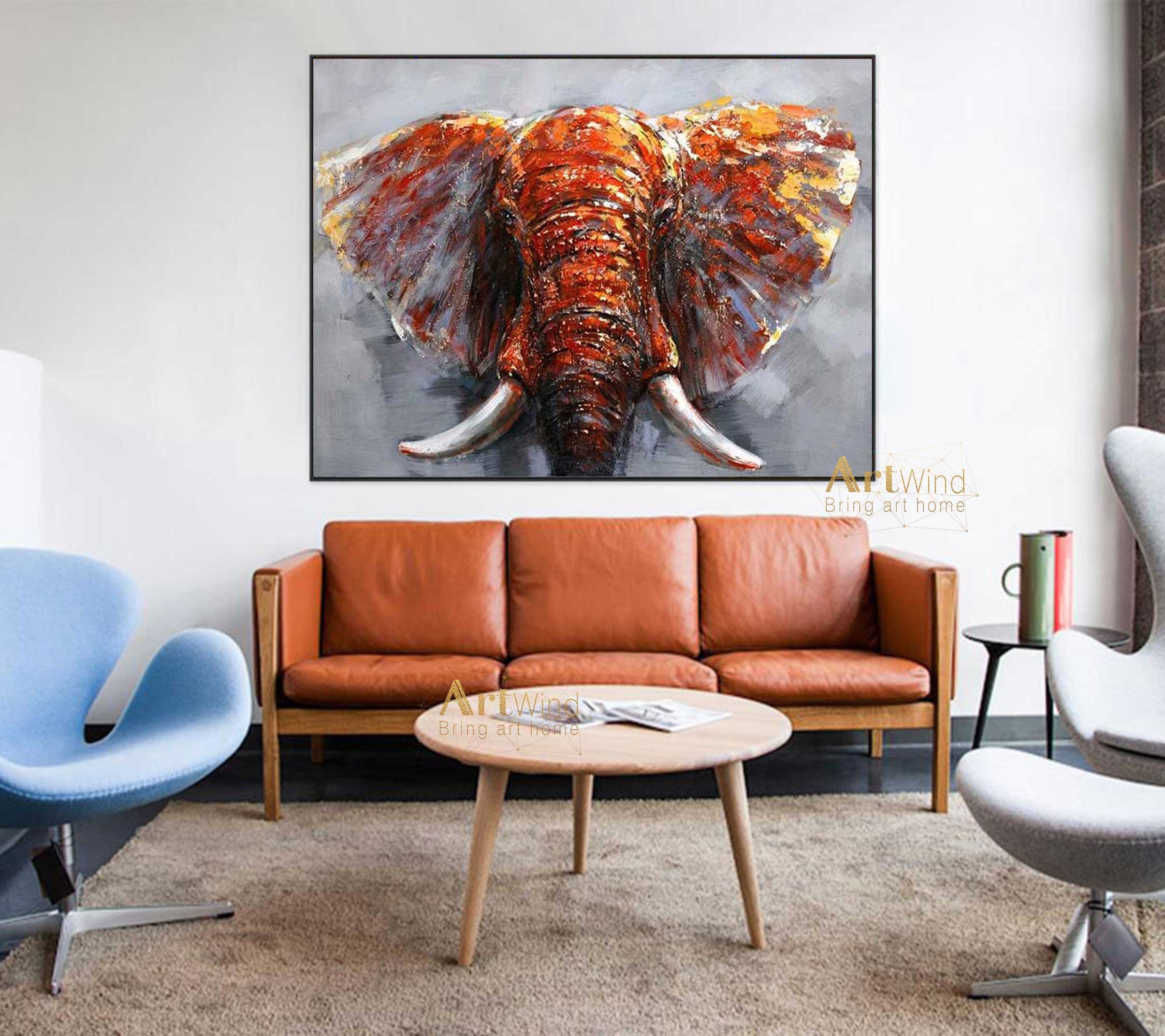 Large Red Elephant Painting Grey Original Artwork Orange And | Etsy