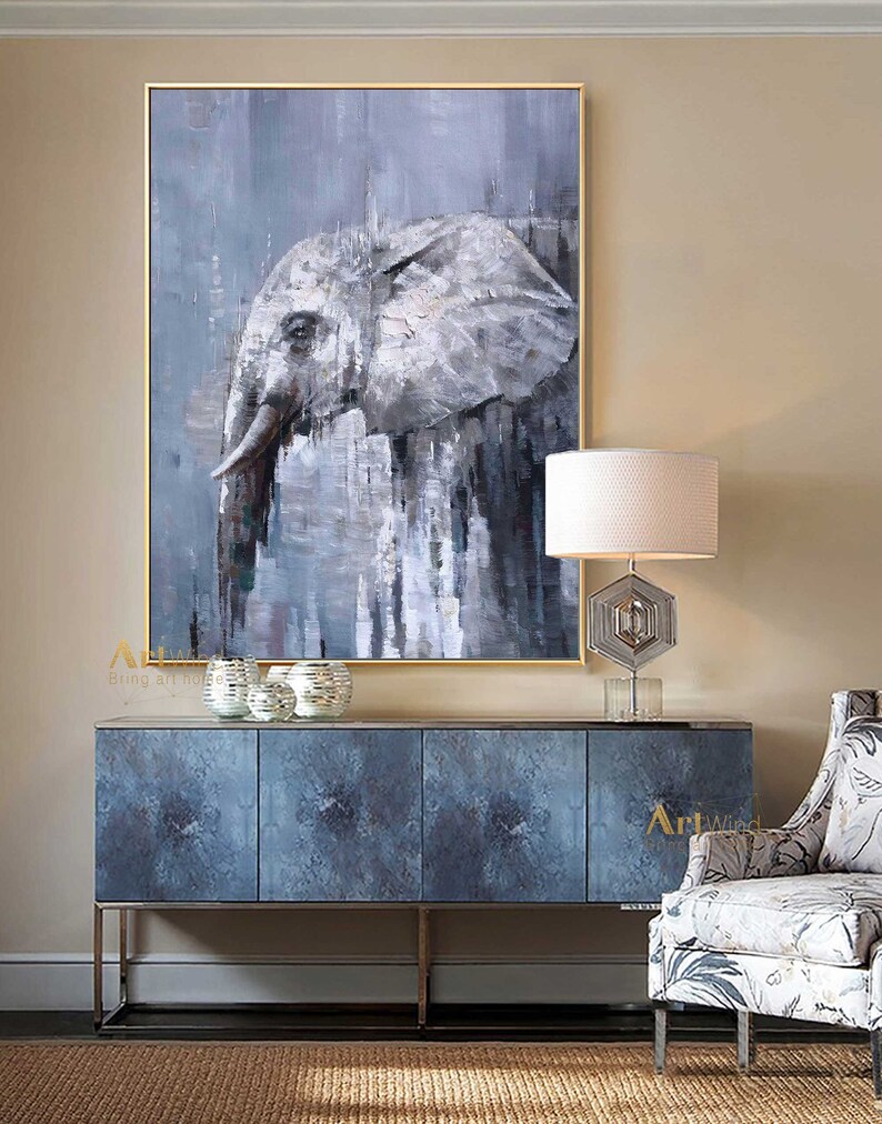 Blue Gray Elephant Painting Grey Original Animal Painting | Etsy