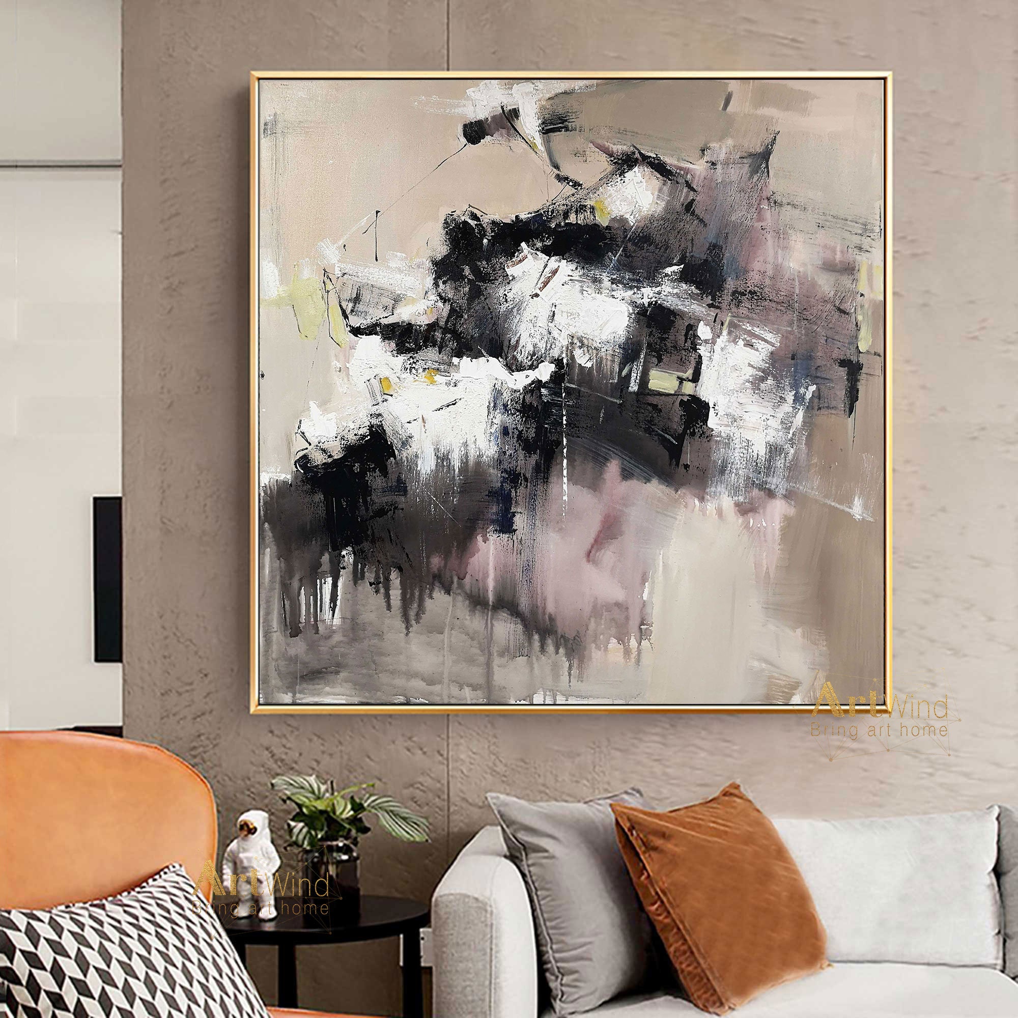 Large Abstract Painting Beige Canvas Art White Decor Black | Etsy