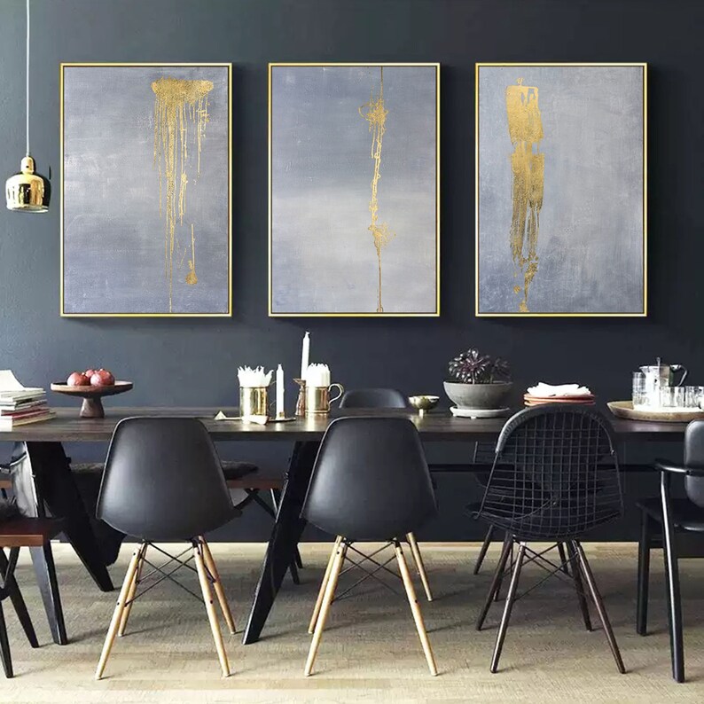 Set of 3 Gold Painting Neutral Wall Art Blue Abstract Painting | Etsy