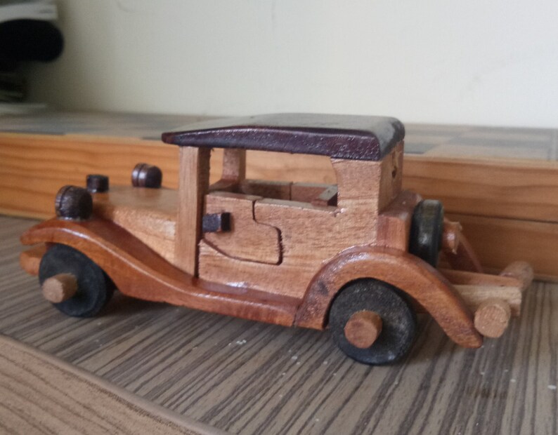 Wooden Cars and Locomotive Model SET of 4 Handmade Vehicles Miniature ...