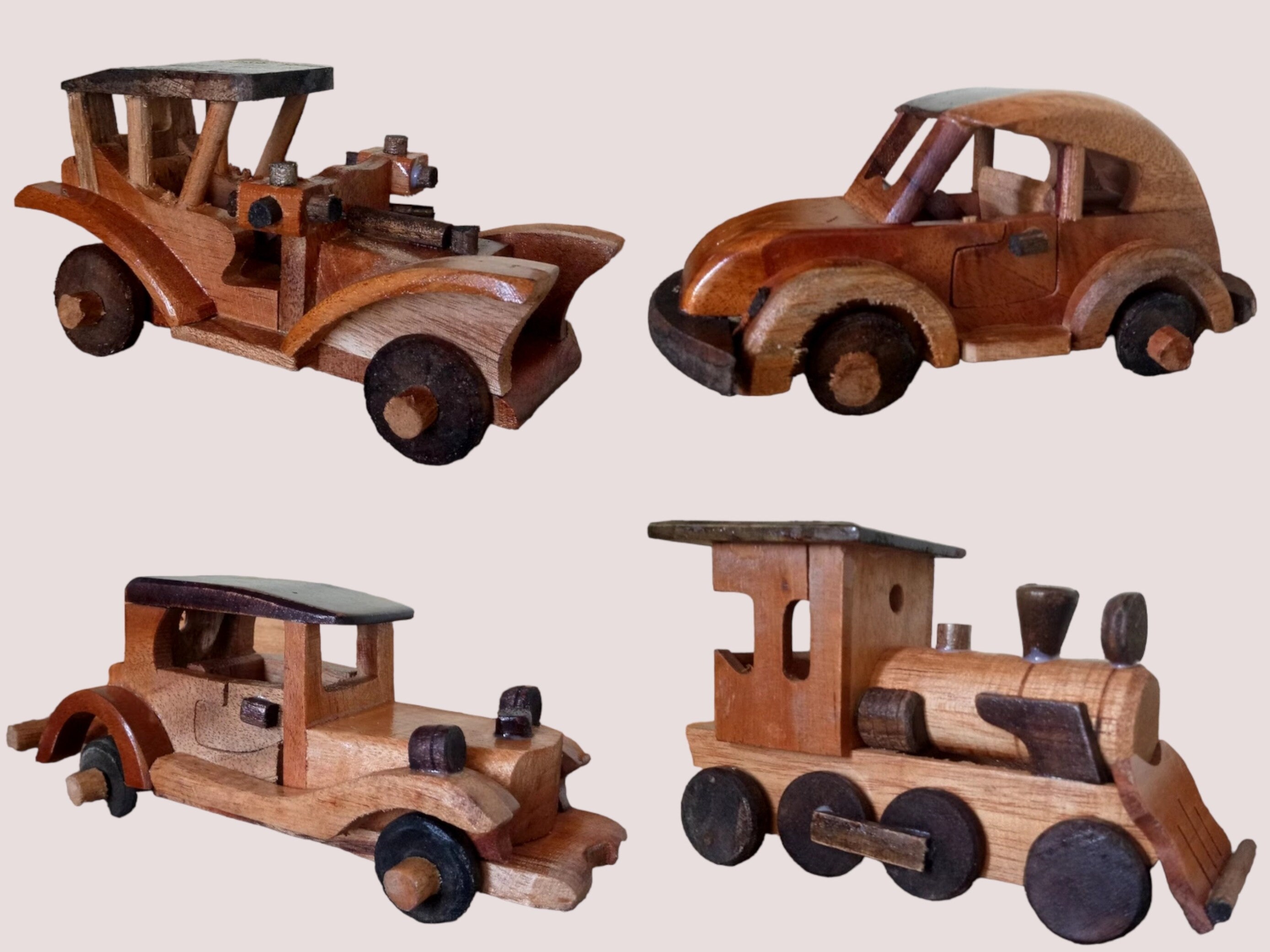 SET of 4 Wooden Cars and Locomotive Model Handmade Vehicles Miniature ...