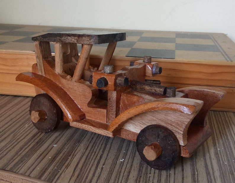 Wooden Cars and Locomotive Model SET of 4 Handmade Vehicles Miniature ...