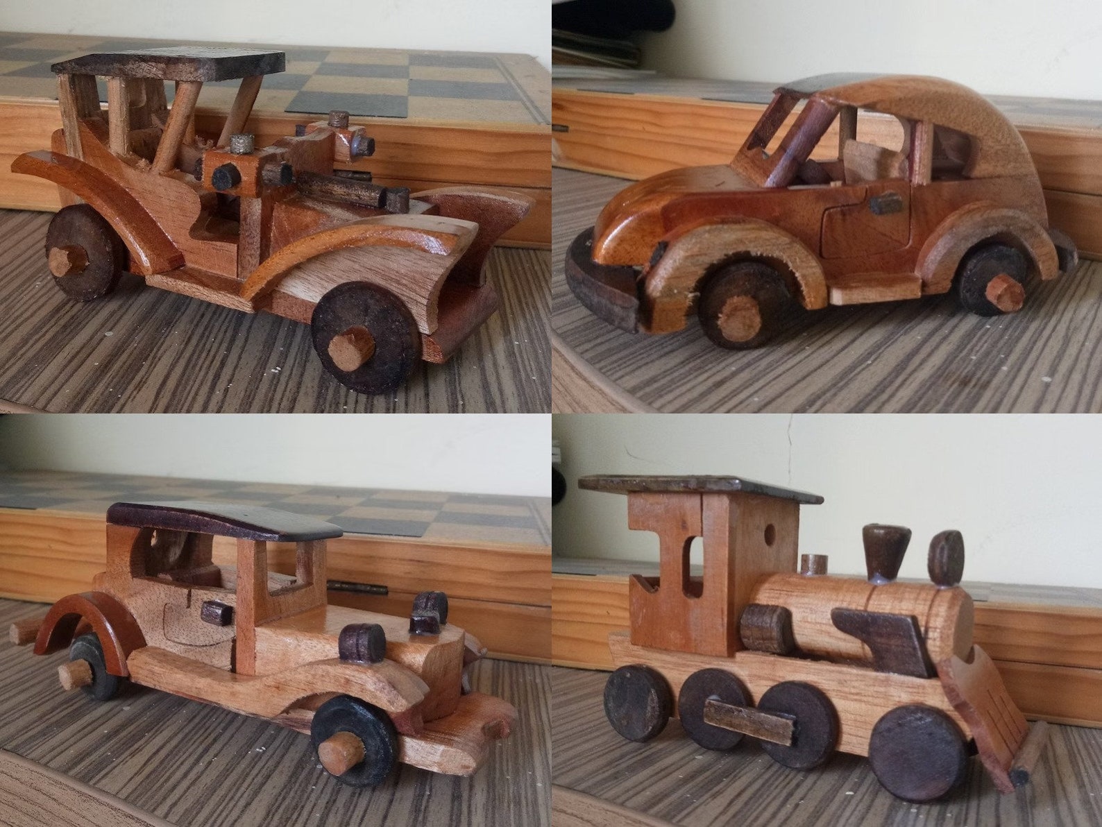 Wooden Cars and Locomotive Model SET of 4 Handmade Vehicles Miniature ...
