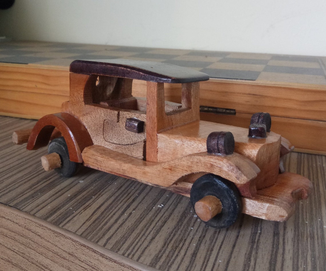 Wooden Cars and Locomotive Model SET of 4 Handmade Vehicles Miniature ...