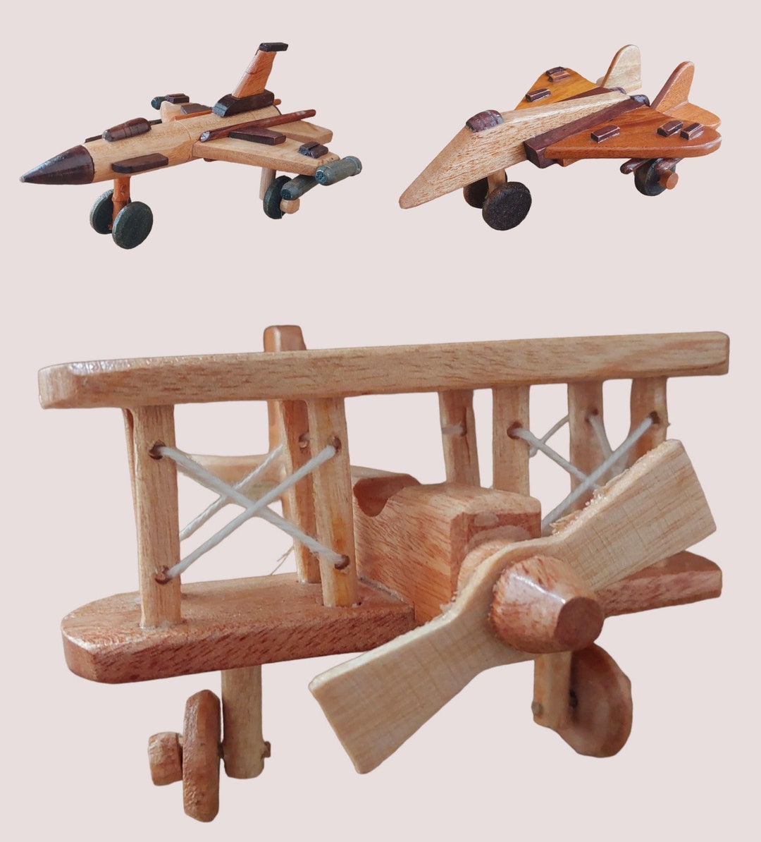 Wooden Plane Model SET of 3 Handmade Aircrafts Vehicles Miniature Shelf ...