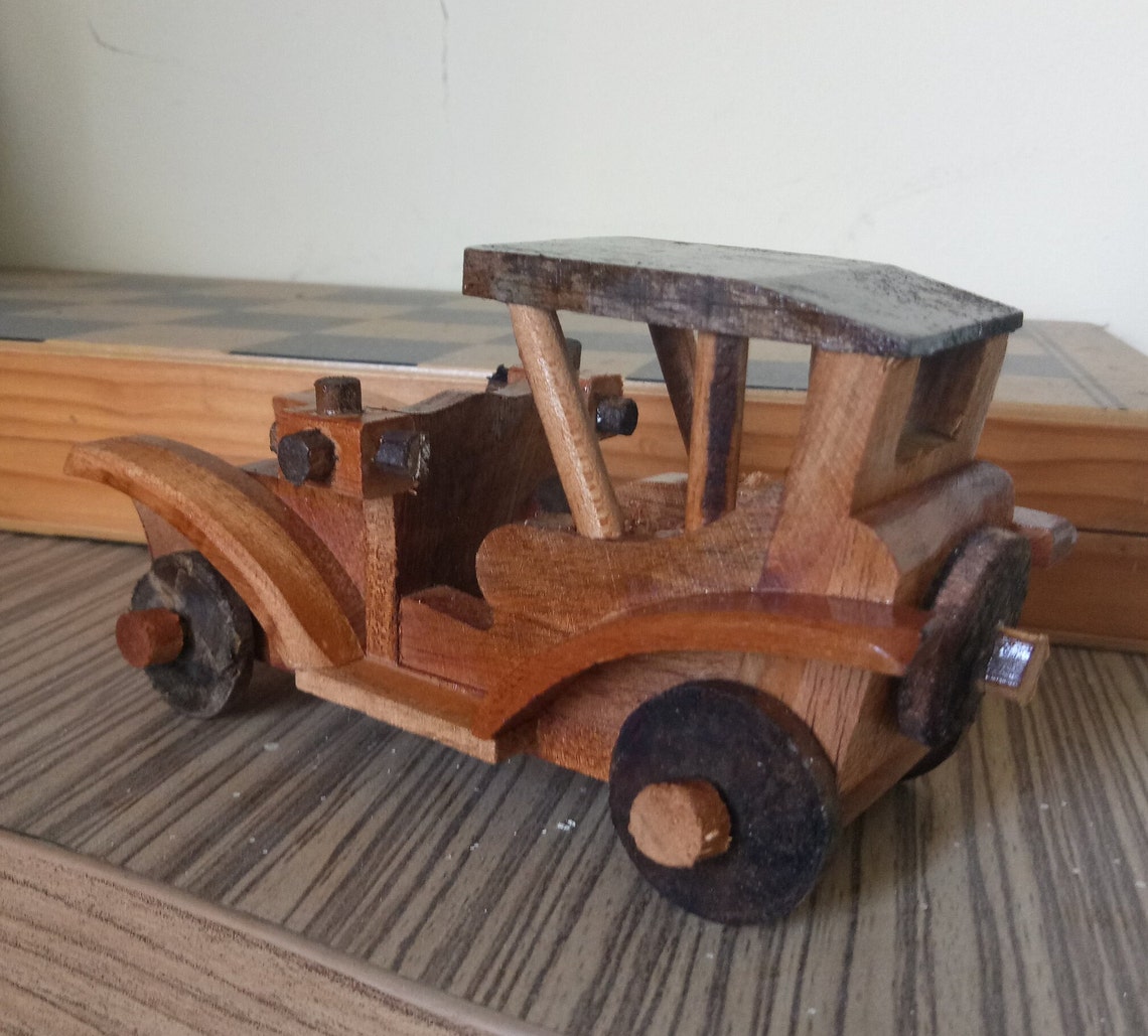 Wooden Cars and Locomotive Model SET of 4 Handmade Vehicles Miniature ...