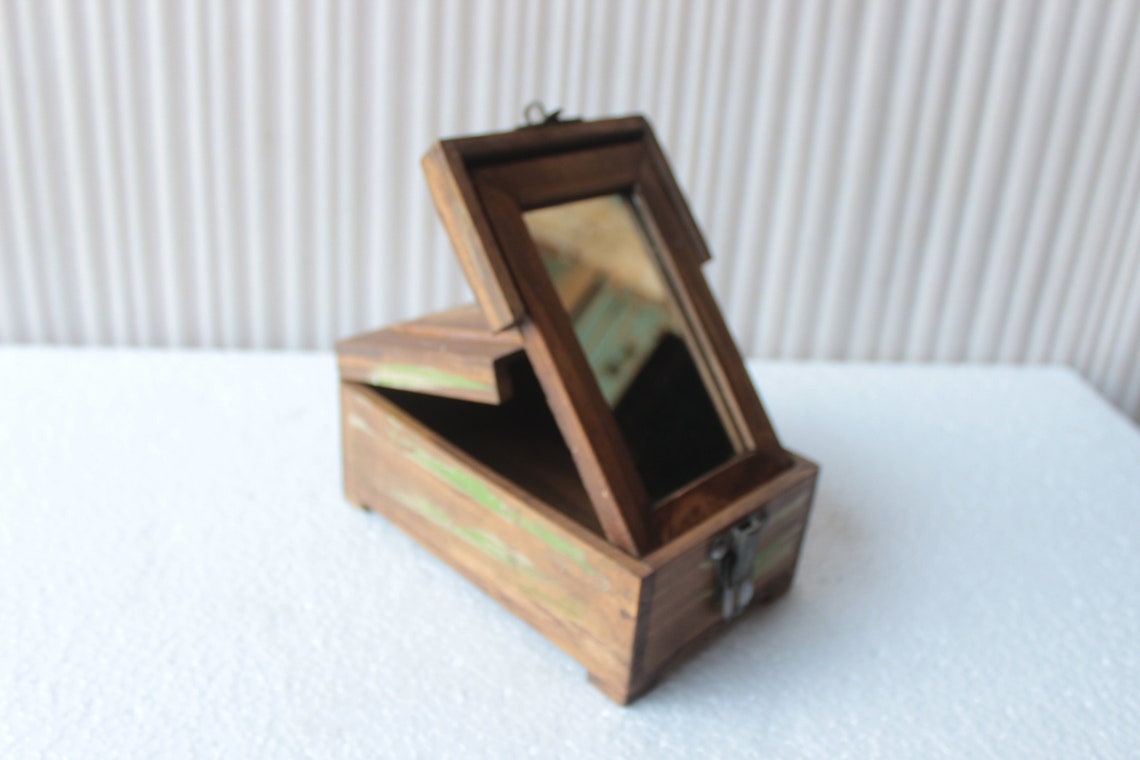 Vintage Handmade Wooden Shaving, Makeup Box With Mirror Old Collectible ...