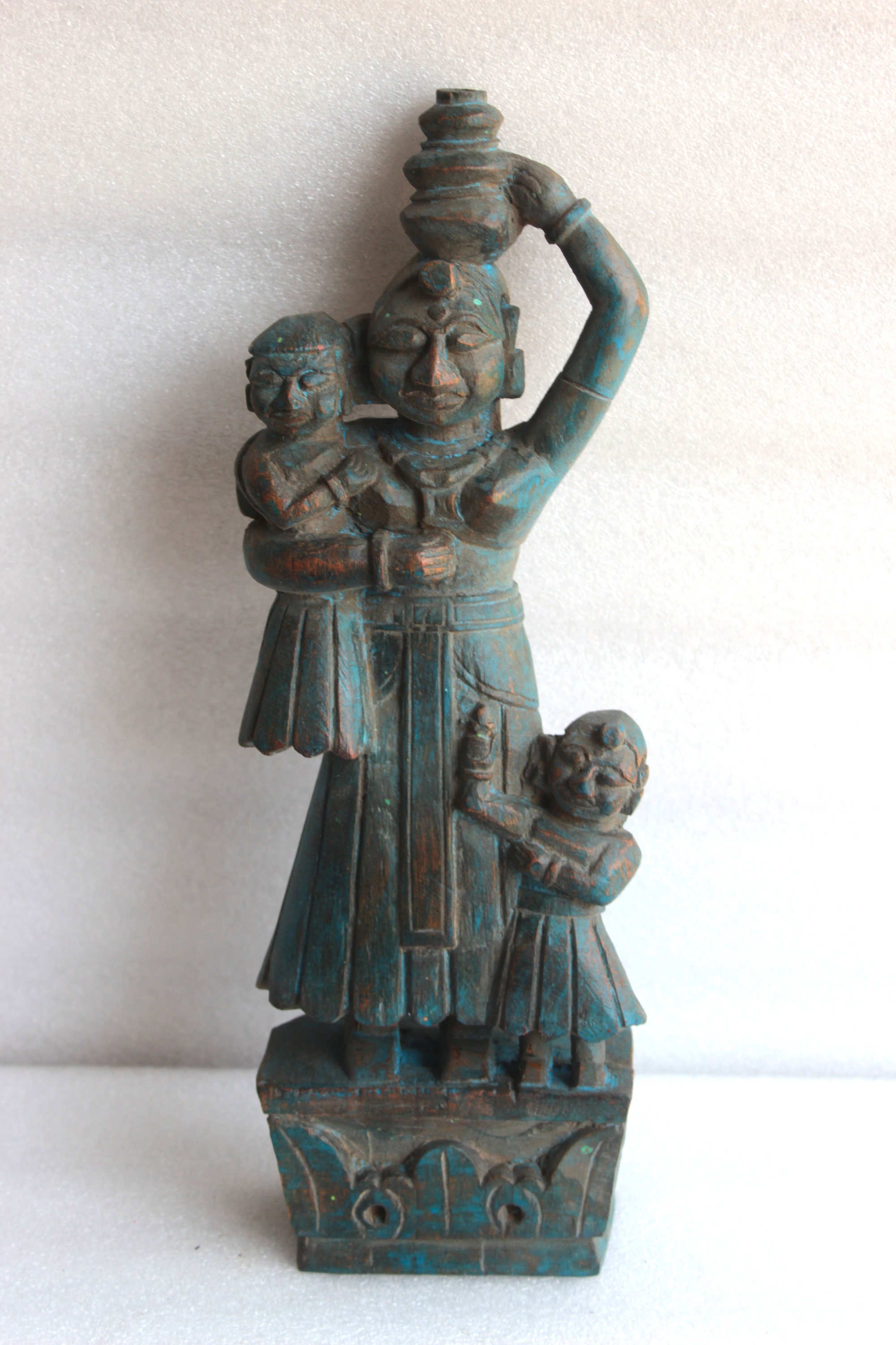 Vintage Hand Carved Wooden Statue Woman With Child Managing While Work ...