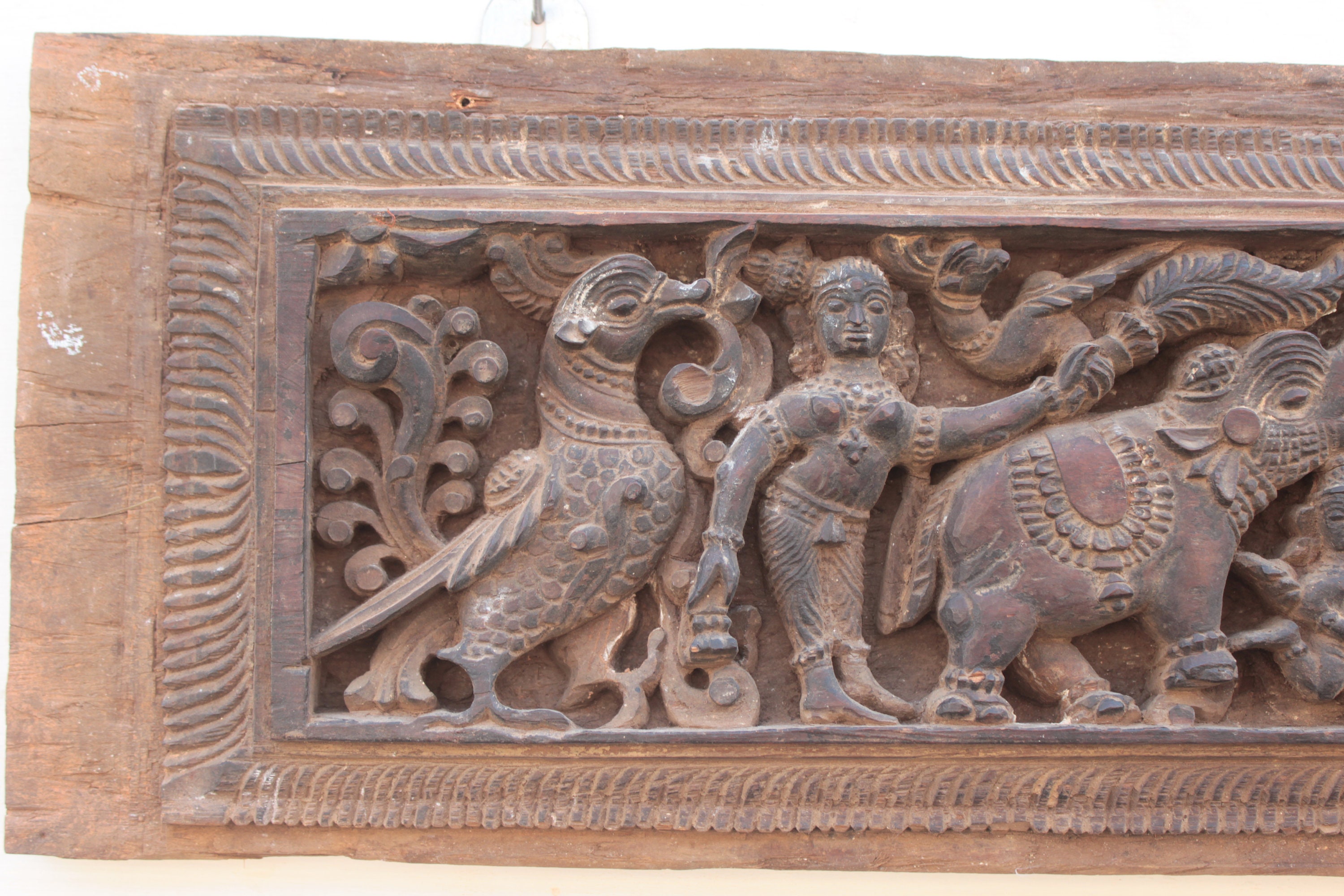 Antique Door Lintel With Relief Carvings, Gaja Lakshmi Vintage Wooden ...