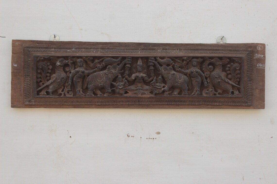 Antique Door Lintel With Relief Carvings, Gaja Lakshmi Vintage Wooden ...