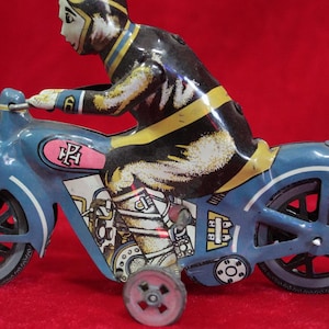 Old Vintage Tin Toy Motorcycle Rider Wind up Friction Bike Toy ...