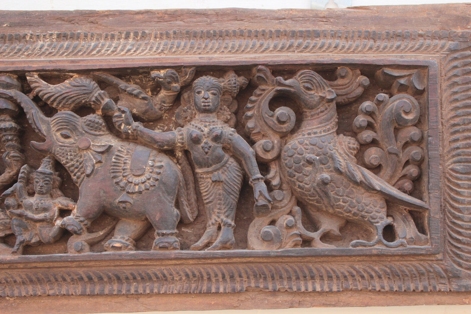 Antique Door Lintel With Relief Carvings, Gaja Lakshmi Vintage Wooden ...