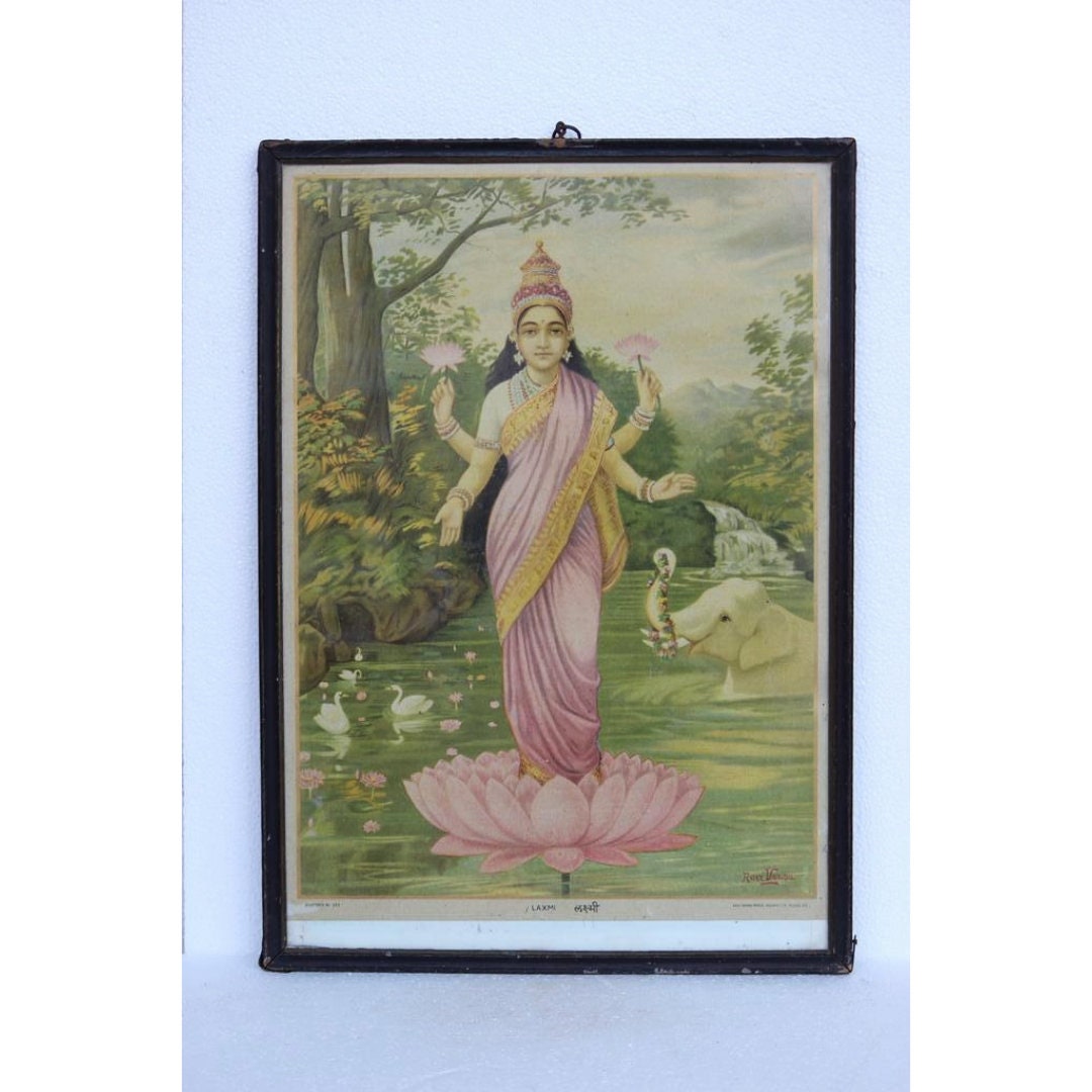 Hindu Goddess Laxmi, Old Vintage Photo Frame Original Ravi Varma Litho ...