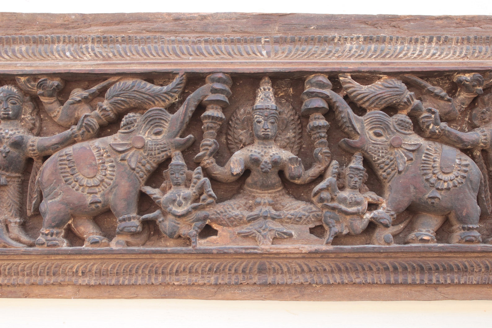 Antique Door Lintel With Relief Carvings, Gaja Lakshmi Vintage Wooden ...