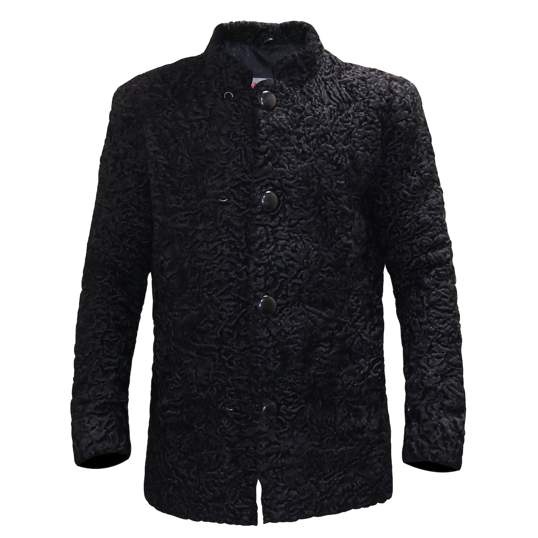 Men's Black 100% Real Persian Lamb Fur Straight Vented Jacket Coat ...