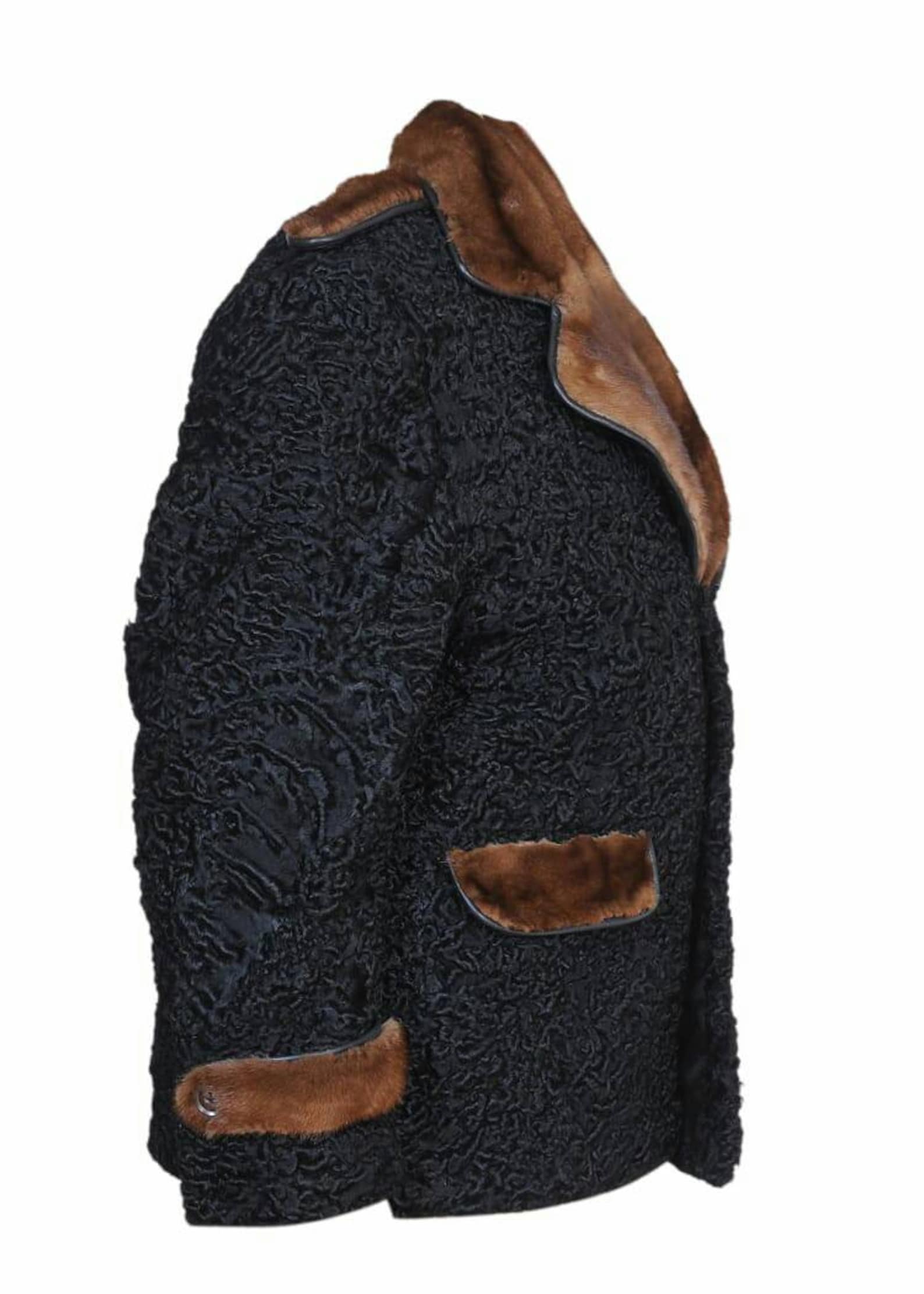 Men's Black Real Persian Lamb Fur 35 Inches Length Coat With Brown Real ...