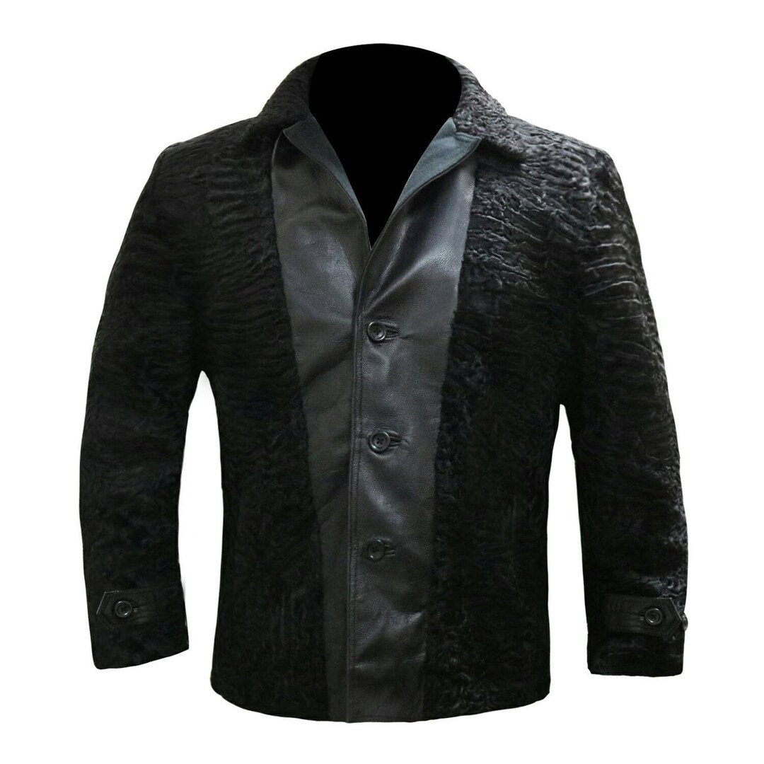Men's Women's Black Broadtail Persian Lamb Fur Jacket Coat Leather Trim ...