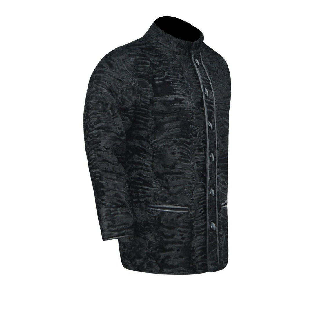 Men's Women's Black Broadtail Persian Lamb Fur Coat With Leather Trim ...