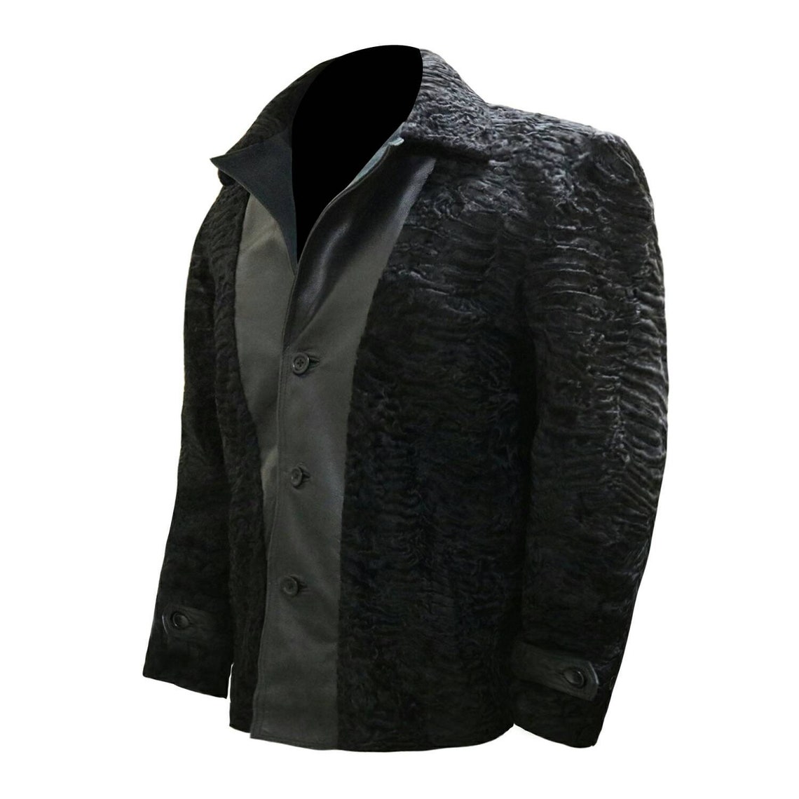 Men's Women's Black Broadtail Persian Lamb Fur Jacket Coat Leather Trim ...