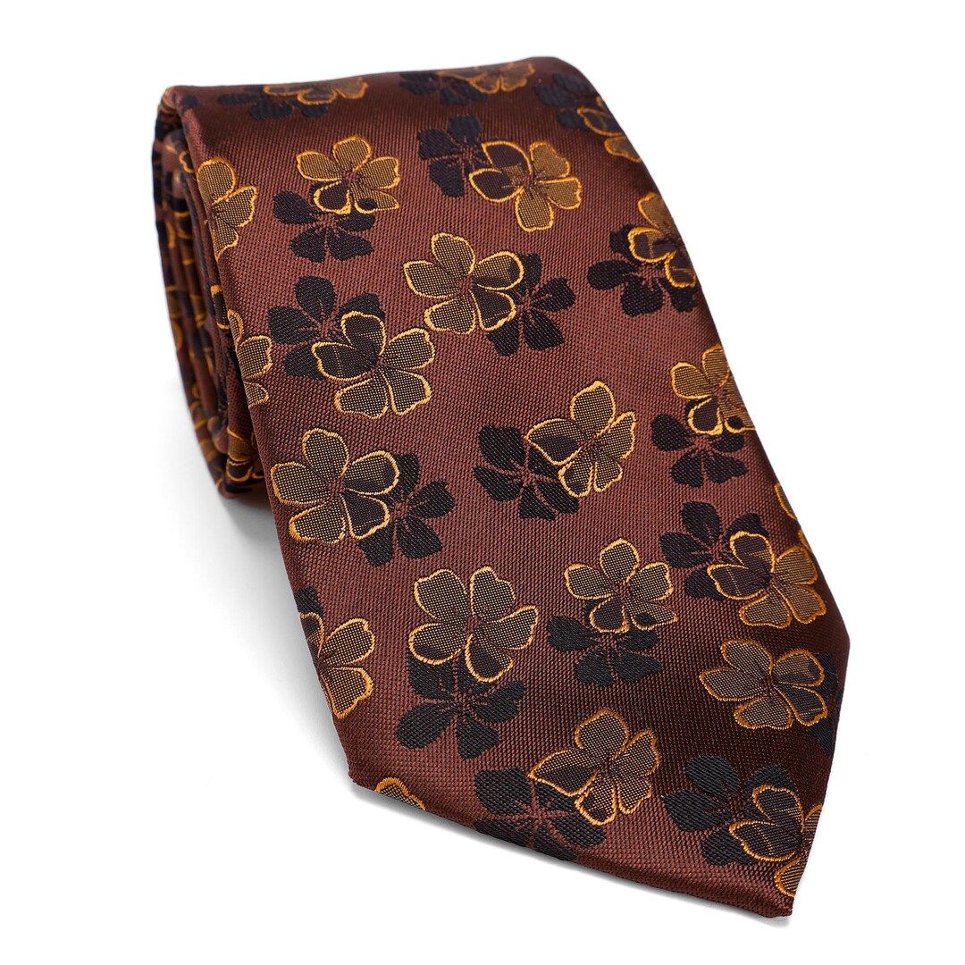 Mens Reddish Brown Floral Tie,auburn Brown Necktie With Golden Flower ...