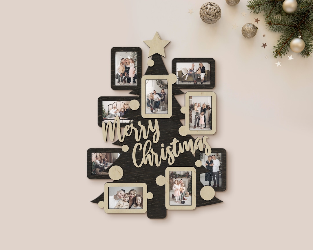 Wooden Christmas Tree Picture Frame Collage Merry Christmas Sign ...