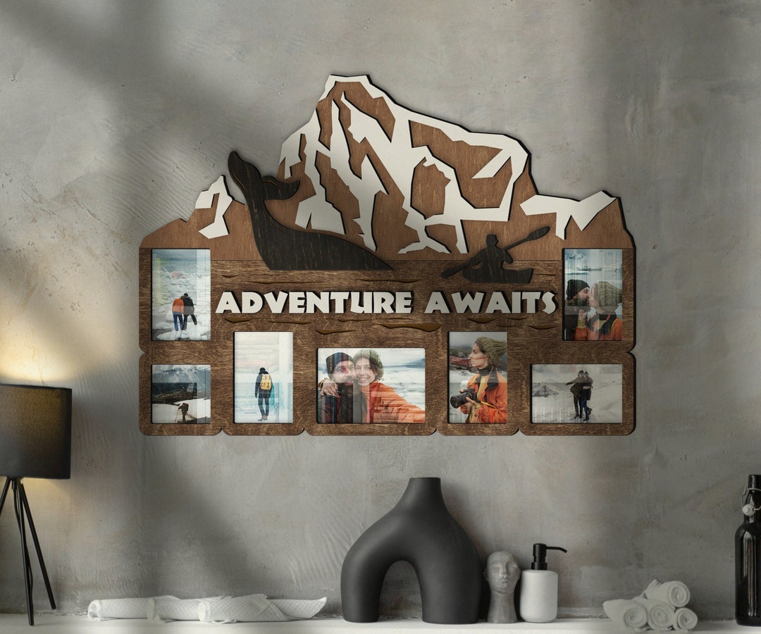 Custom Adventure Awaits Sign Wooden Photo Frame Collage Living Room ...