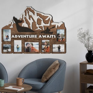Custom Adventure Awaits Sign Wooden Photo Frame Collage Living Room ...