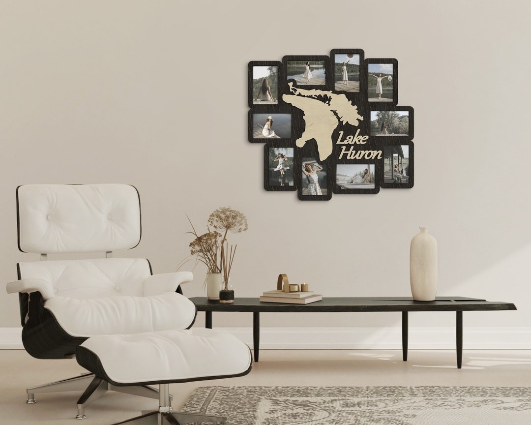 Wooden Lake Picture Frame Collage Custom Lake Map Lake Huron Decor ...