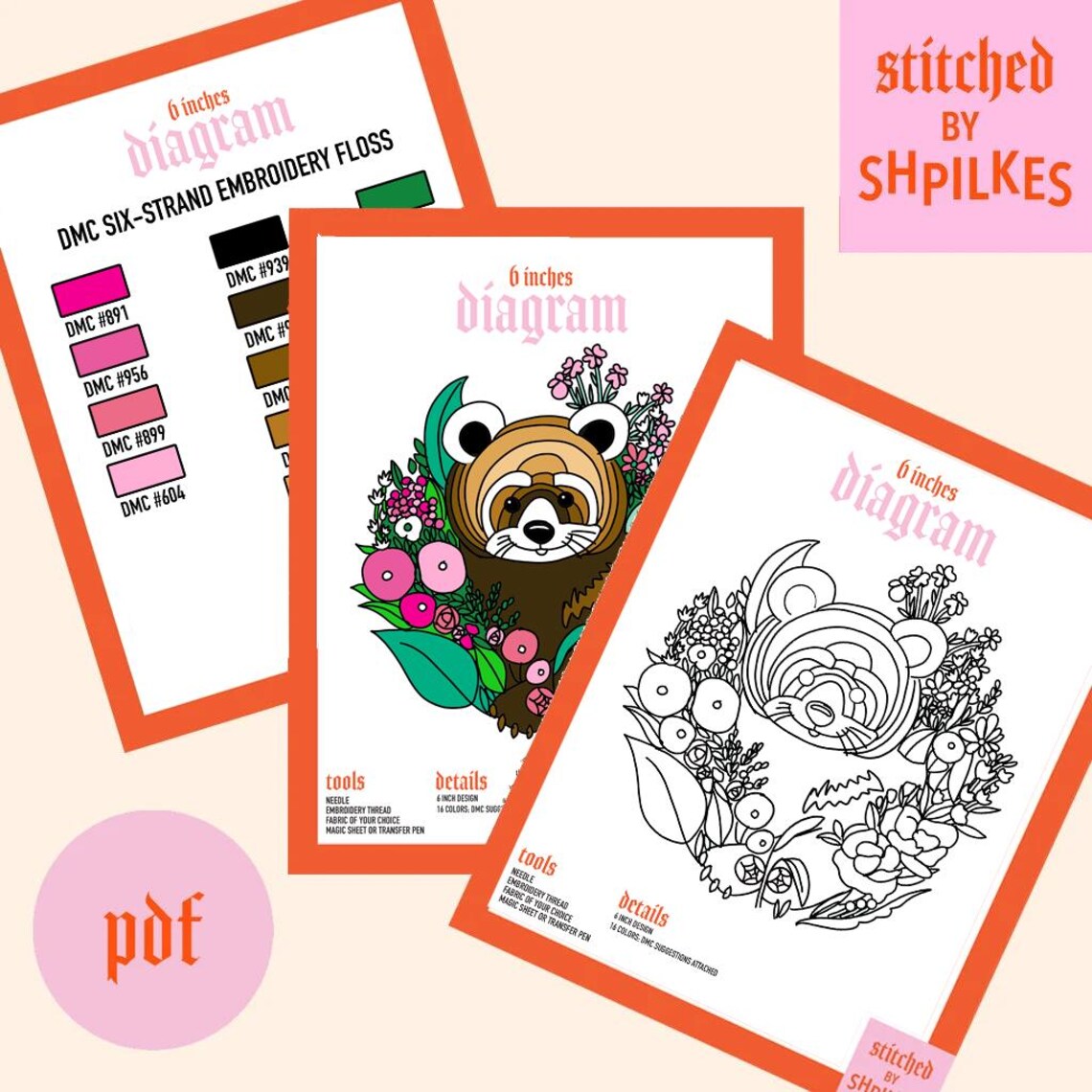Red Panda Floral Embroidery Pattern Design PDF, Intermediate Embroidery ...