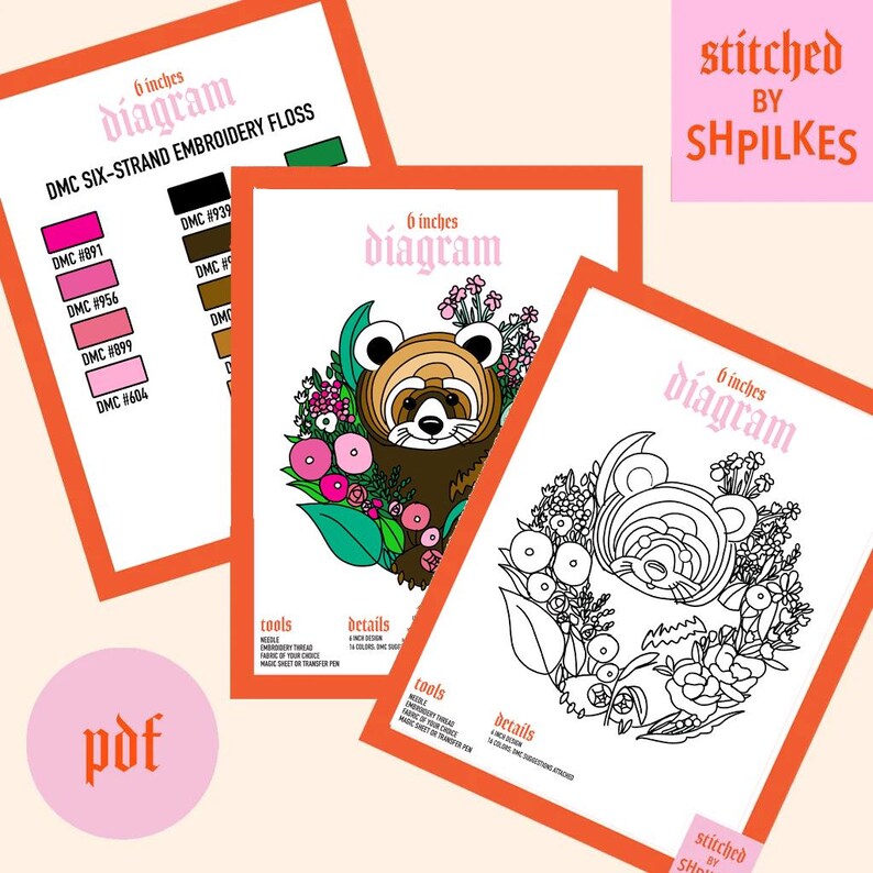 Red Panda Floral Embroidery Pattern Design PDF, Intermediate Embroidery ...