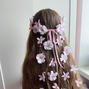 Sakura Pink Flower Cascade Crown, Flower Hair Vine, First Communion ...