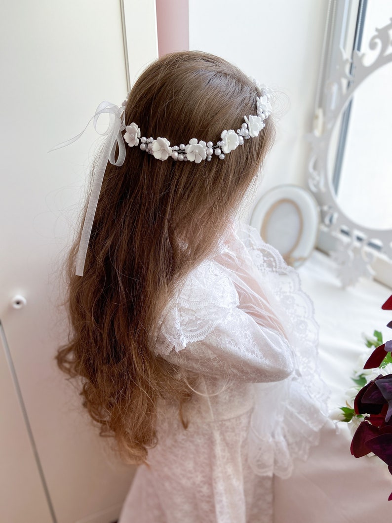 First Communion Headpiece With Pearls White Flower Girl Crown - Etsy