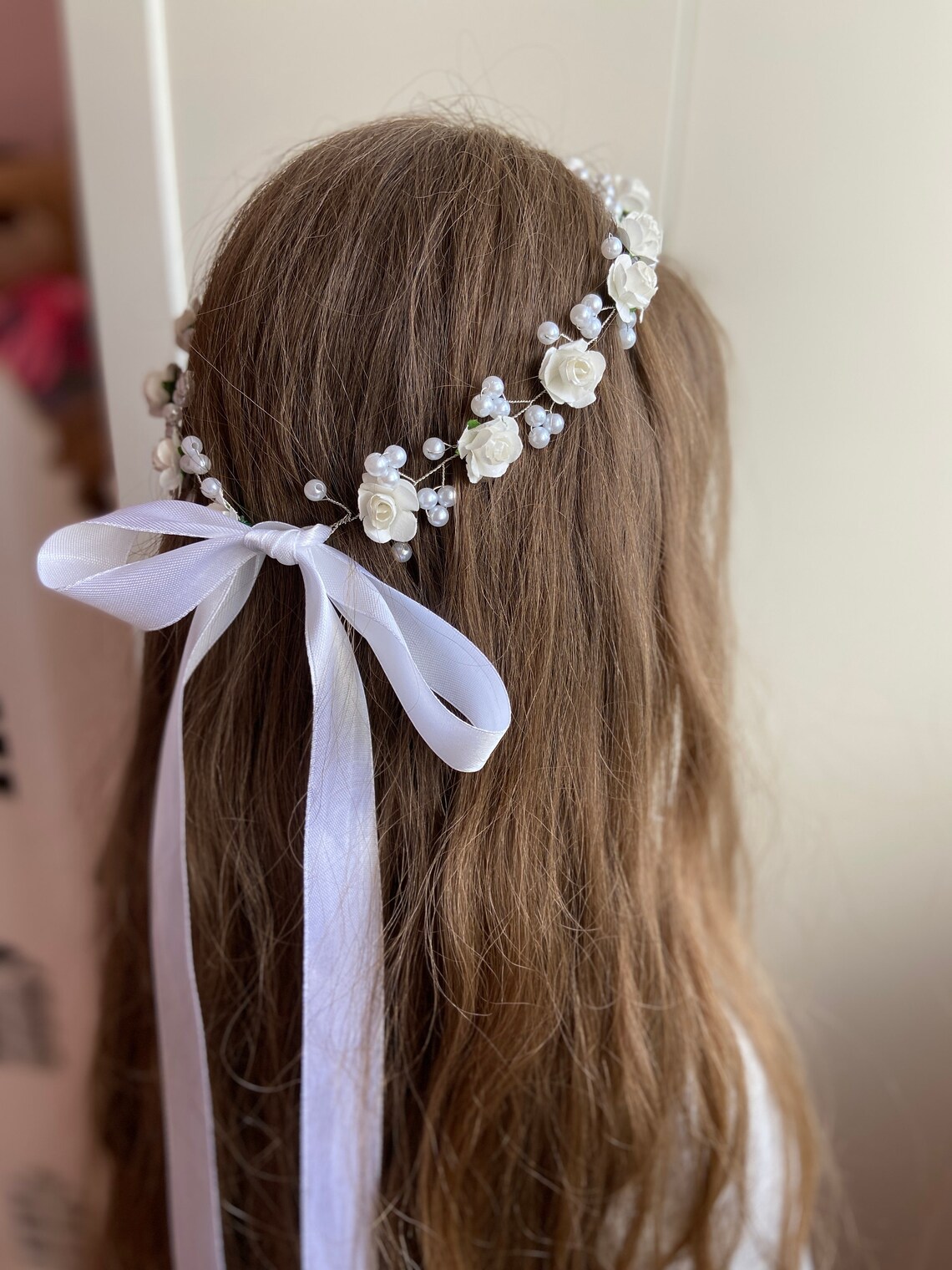 First Communion Headpiece With Pearls and Flowers White - Etsy