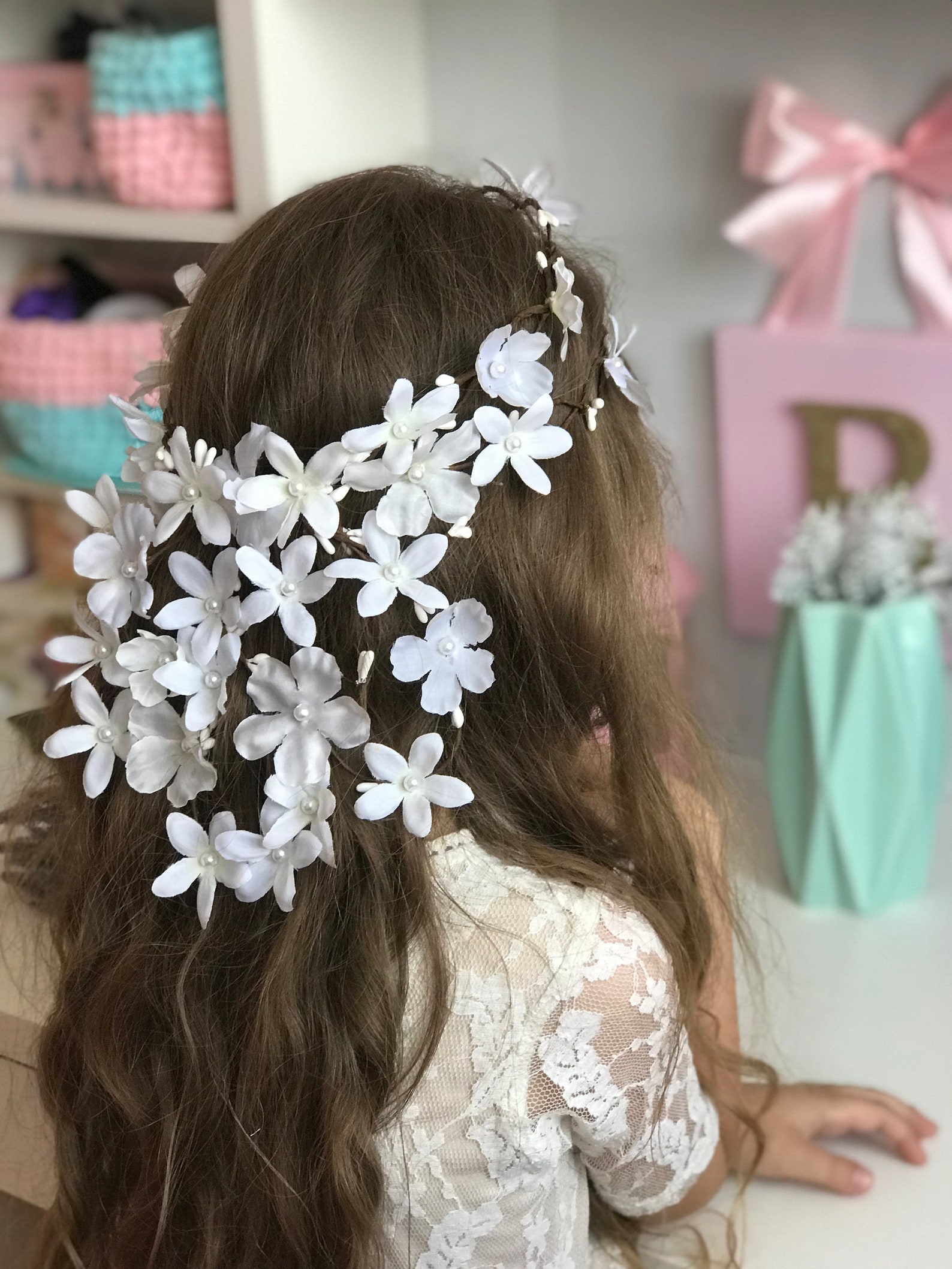 White Flower Cascade Crown Floral Cascading Crown Boho | Etsy