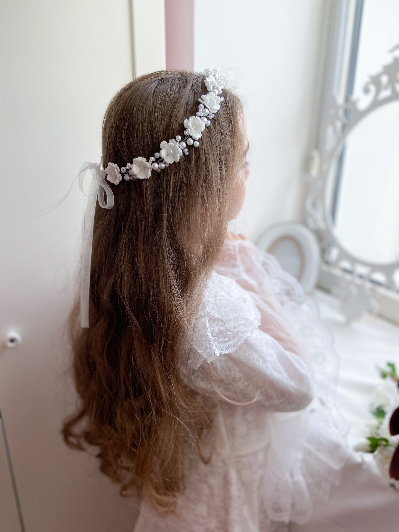 First Communion Headpiece With Pearls White Flower Girl Crown - Etsy