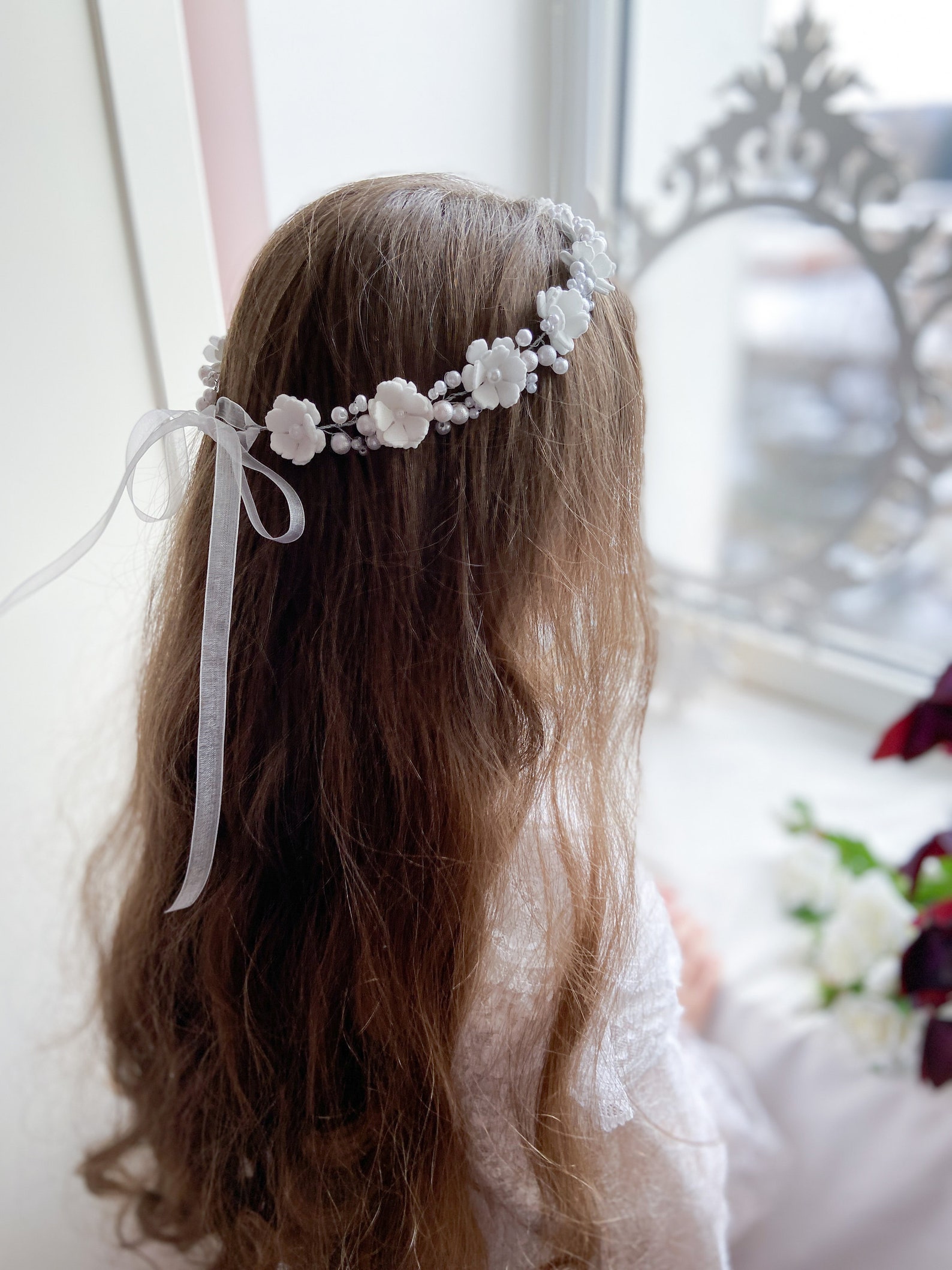 First Communion Headpiece With Pearls White Flower Girl Crown - Etsy