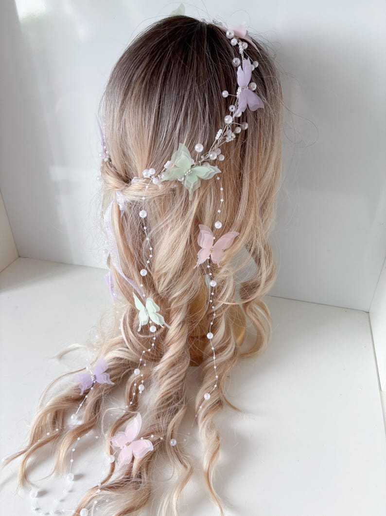 Butterfly Pearl Hair Vine: Pink, Purple & Green Bridal Crown - Etsy