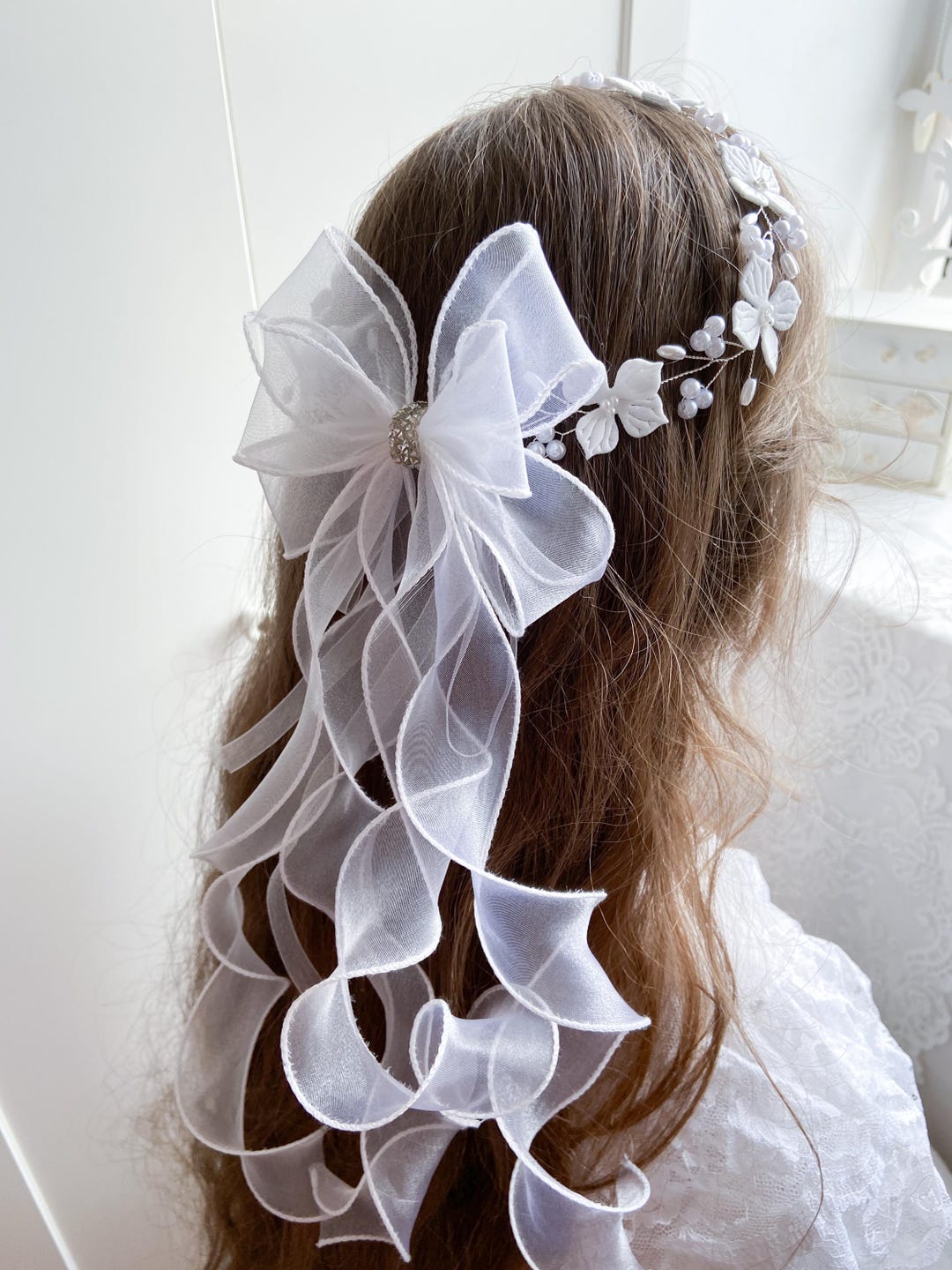 First Communion Headpiece With Pearls, Bow, Veil, White Flower Girl ...