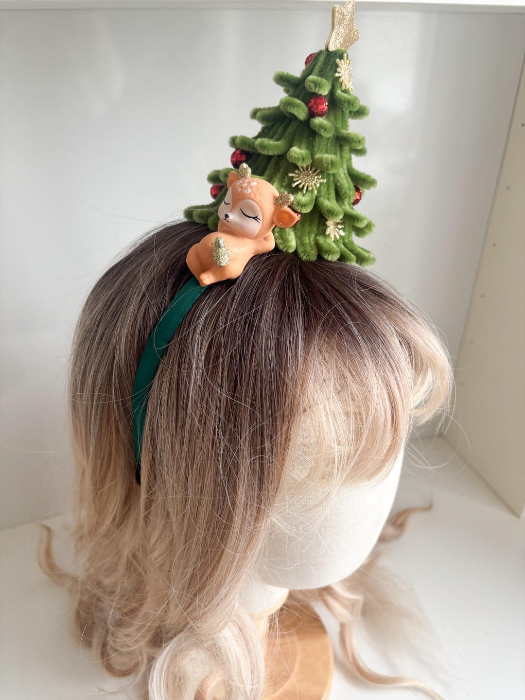 Green Christmas Tree Headband With Red Baubles and Deer Figurine - Etsy UK