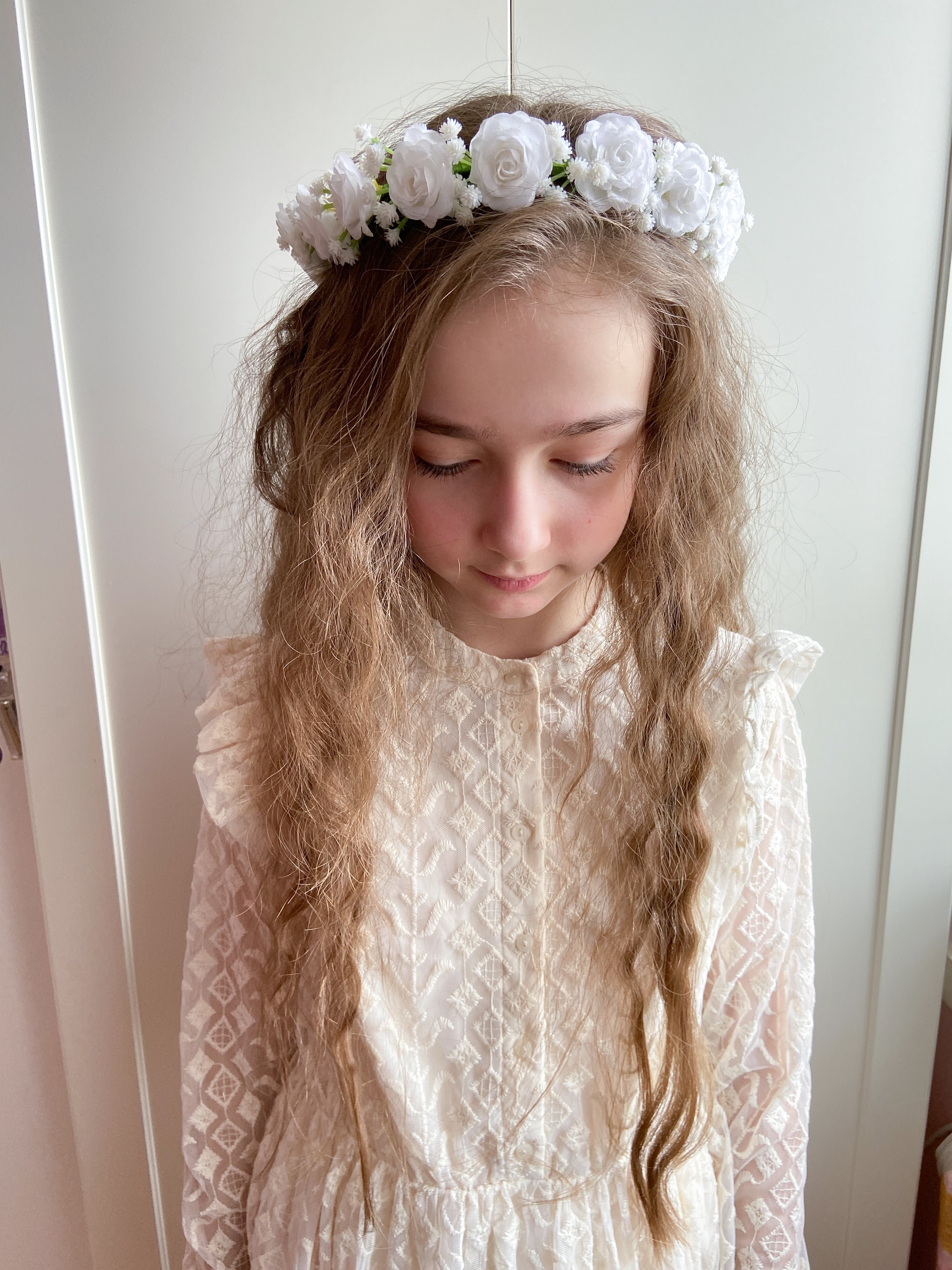 White Roses Flower Crown, Holy Communion Headpiece, First Communion ...