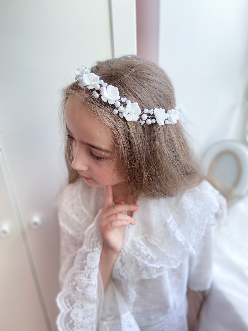 First Communion Headpiece With Pearls White Flower Girl Crown - Etsy