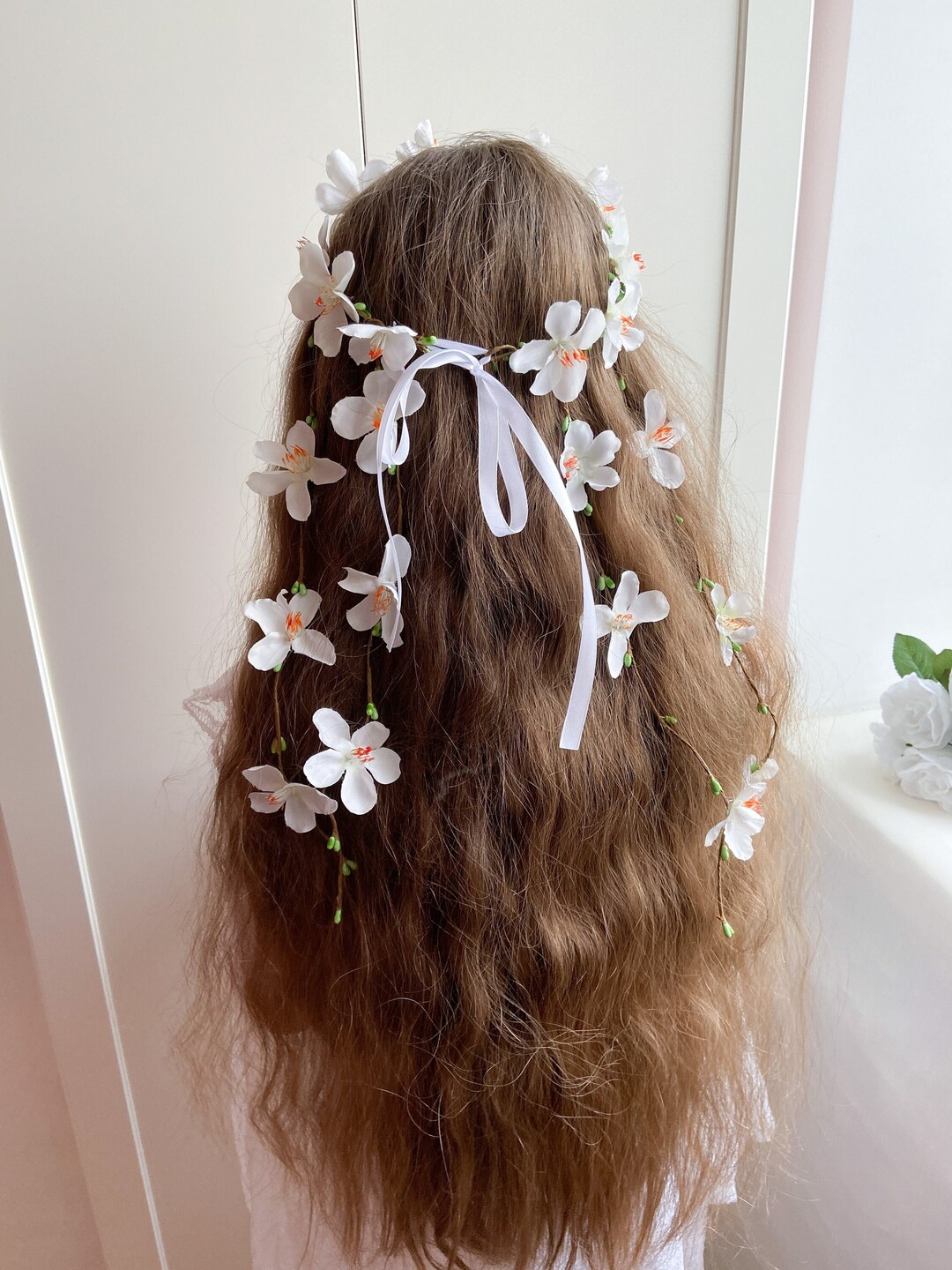 White Flower Cascade Crown, Boho Wedding, First Communion, Flower Hair ...