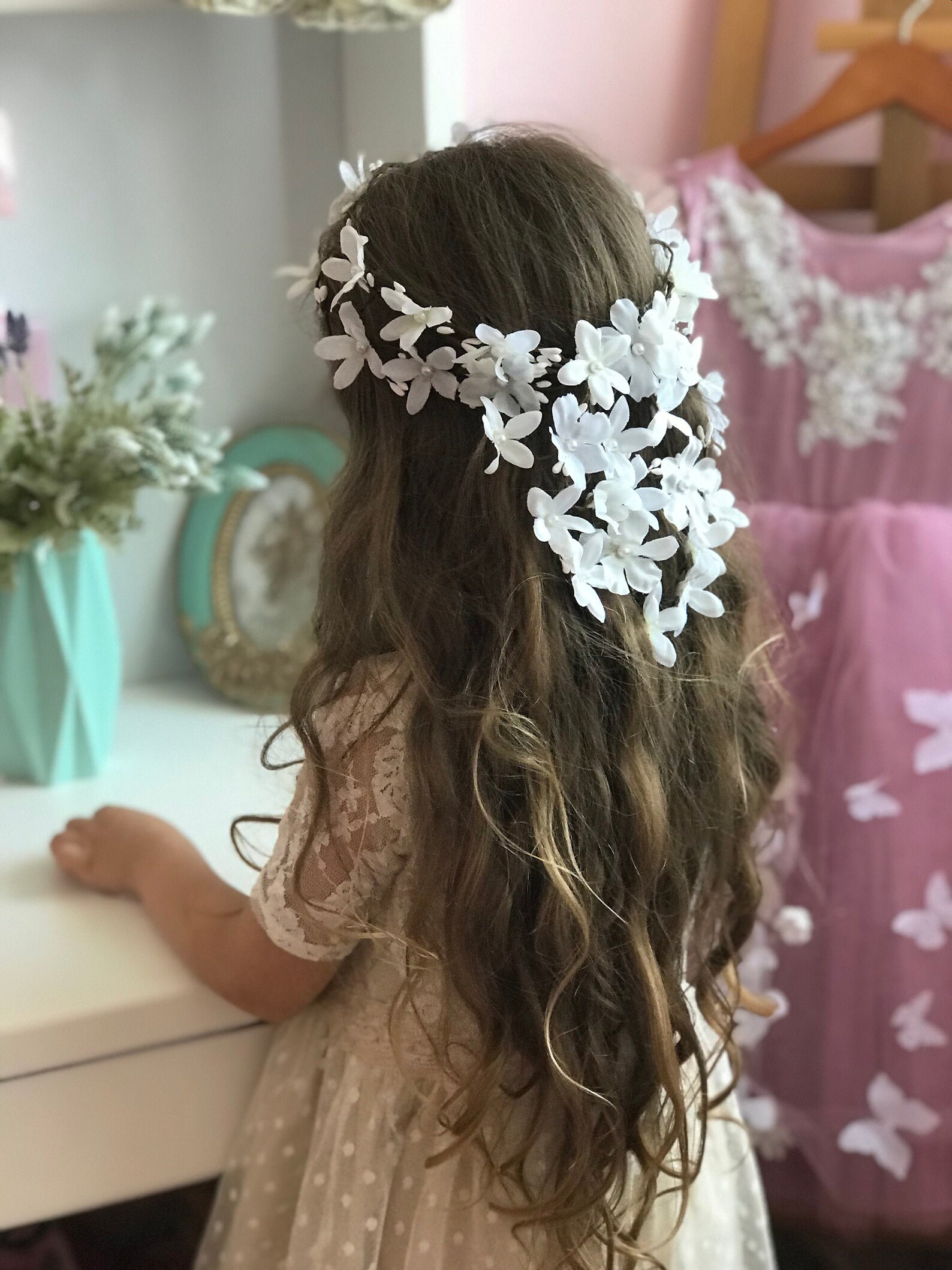 White Flower Cascade Crown, Floral Cascading Crown, Boho Wedding First ...