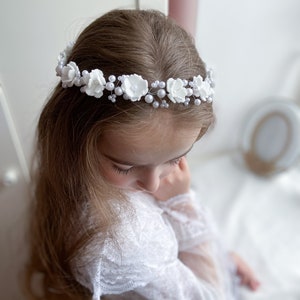 First Communion Headpiece With Pearls, White Flower Girl Crown - Etsy