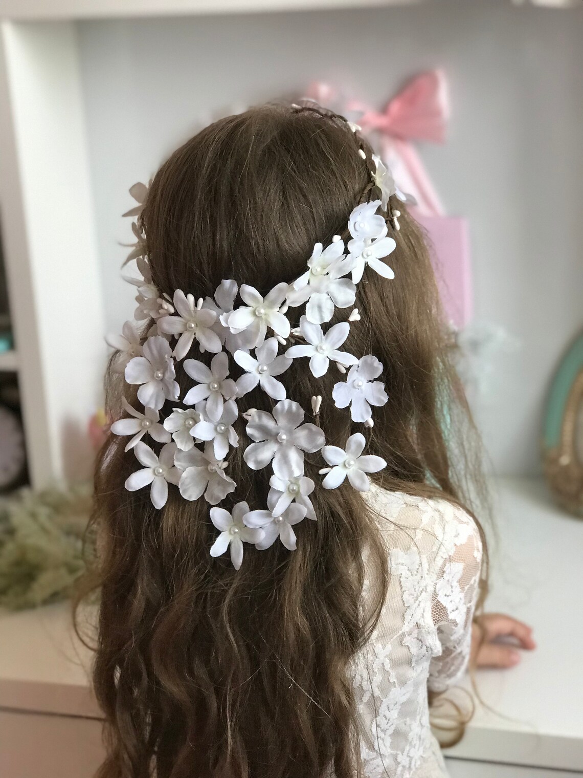 White Flower Cascade Crown Floral Cascading Crown Boho | Etsy