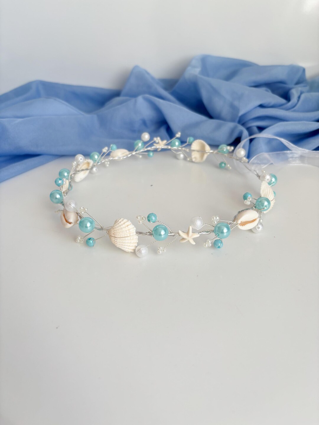 Seashell and Pearl Headpiece With Blue Beads, Ocean Inspired Hair Vine ...