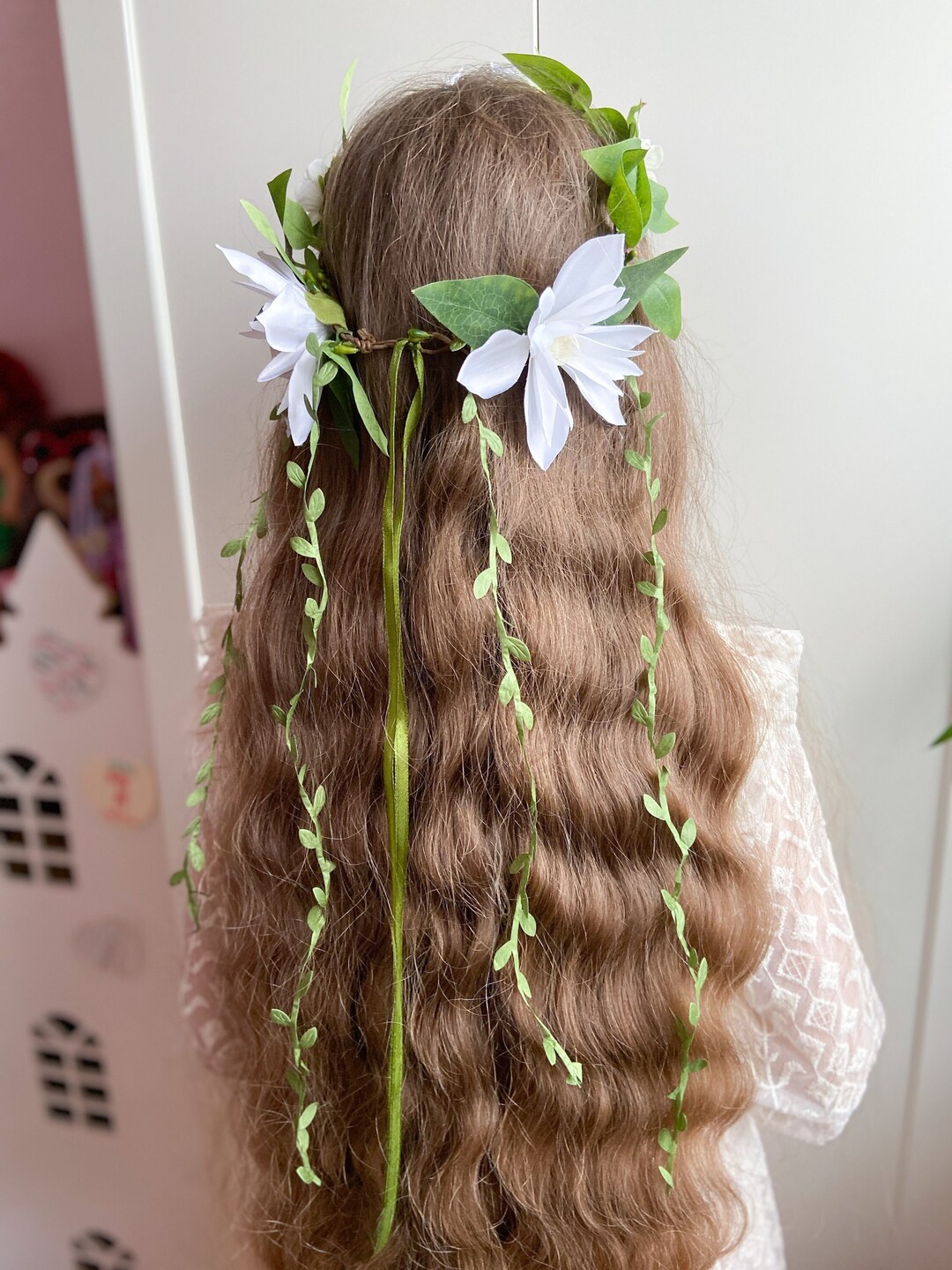 Elegant Cascading Green Leaf Head Piece With White Flowers for Wedding ...