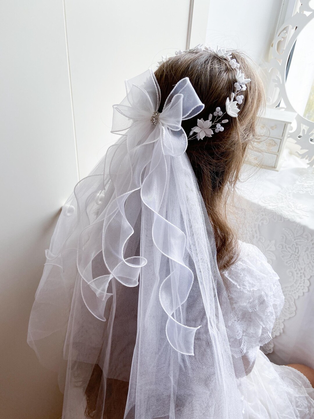 First Communion Headpiece With Pearls, Bow, Veil, White Flower Girl ...
